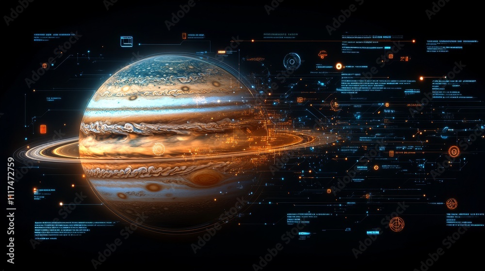 Futuristic holographic representation of Jupiter with dynamic data ...