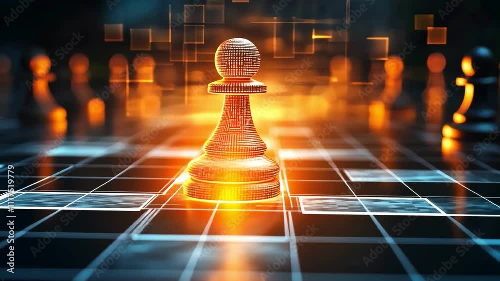 A close-up of a pawn chess piece surrounded by glowing lights and a ...