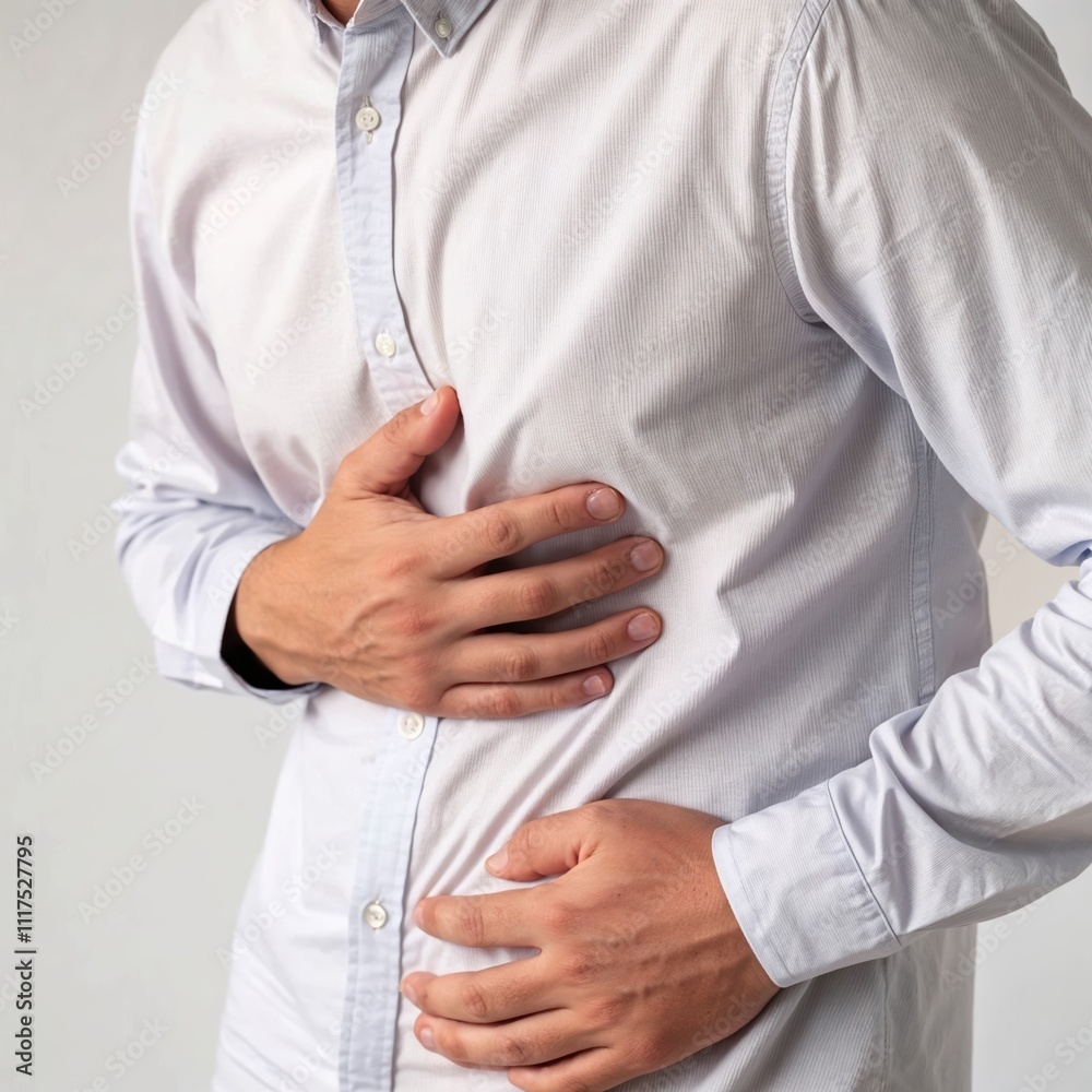 Stomach bug. Man clutching stomach in pain wearing white shirt. Health ...