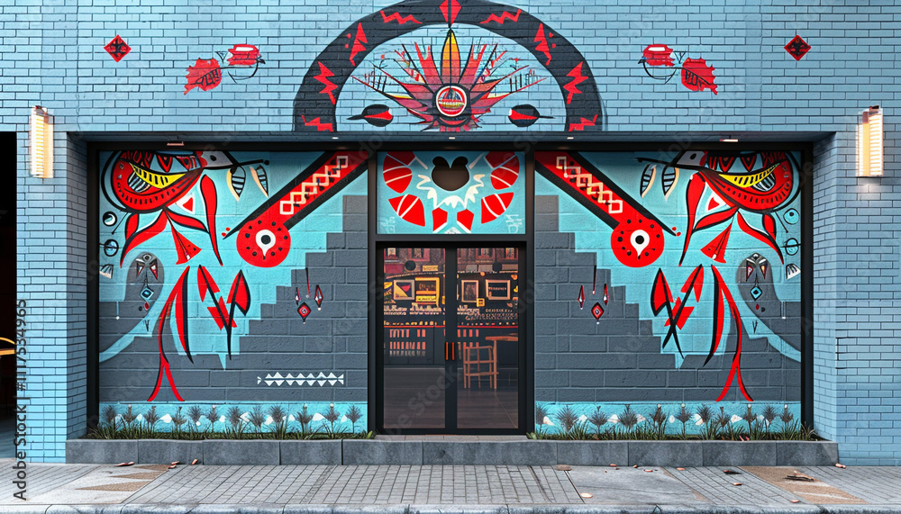 Modern storefront featuring grey and red highlights on a pastel blue ...