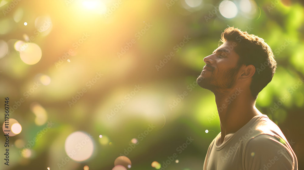 Man doing breathing exercises with closed eyes, relaxing on nature ...