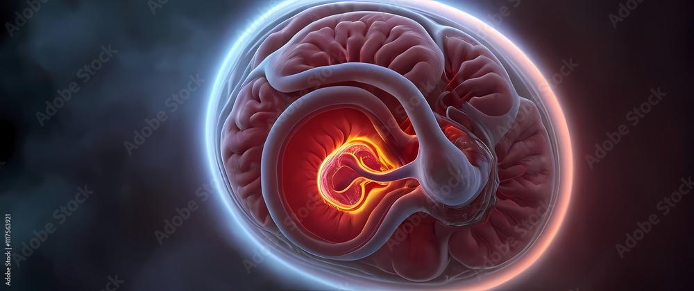 D rendering of a fetus inside the womb with detailed umbilical cord and ...