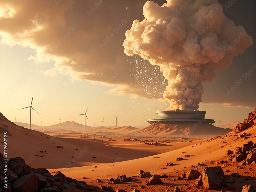 A mysterious structure surrounded by wind turbines under a tumultuous ...