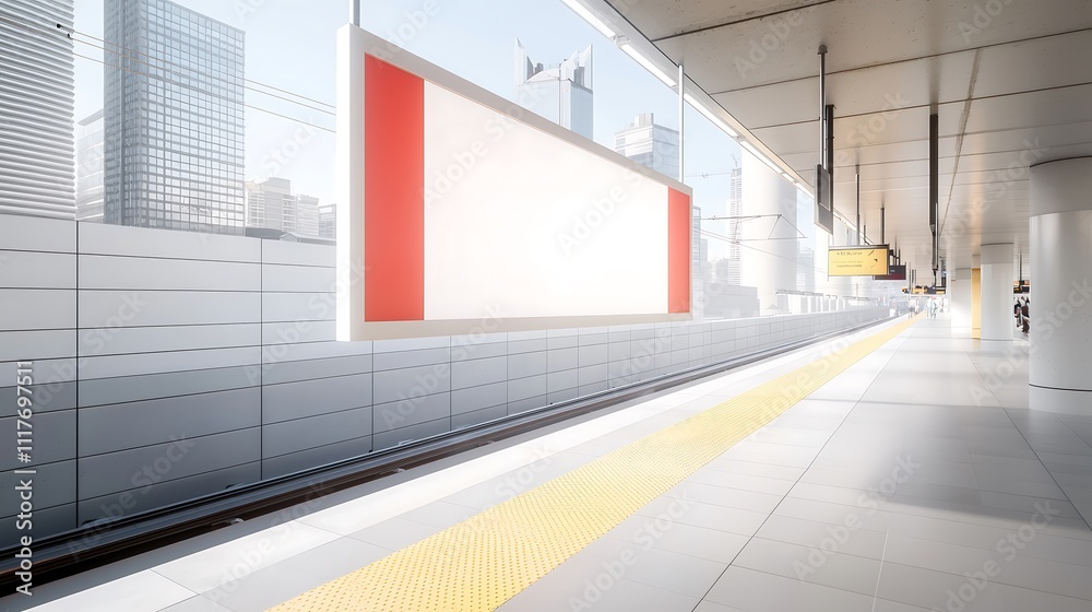 A sophisticated light rail station where a captivating advertisement ...