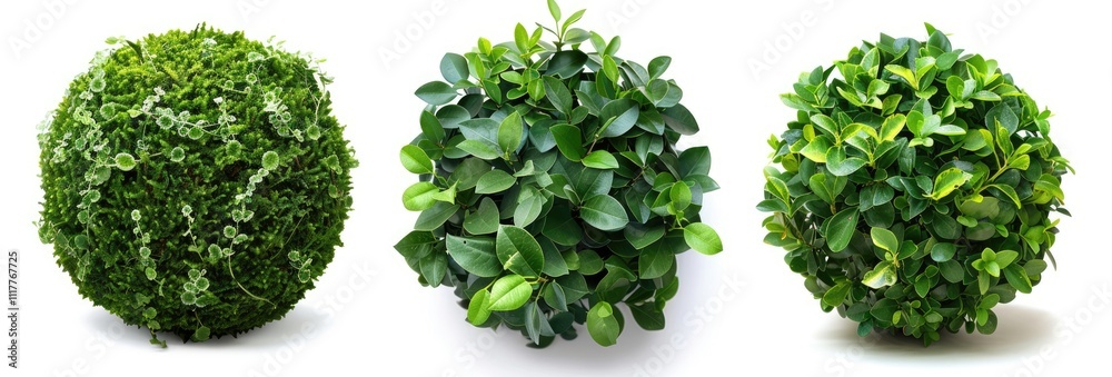 Three different types of lush green topiary balls isolated on a white ...