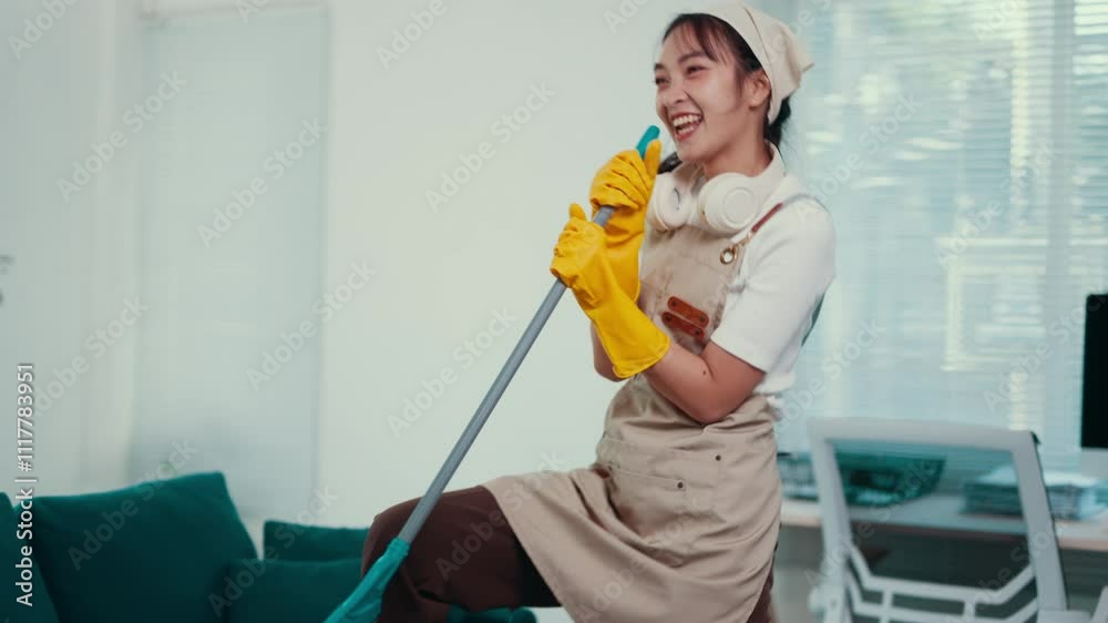 Young housekeeper happily sings while using a mop as a microphone ...