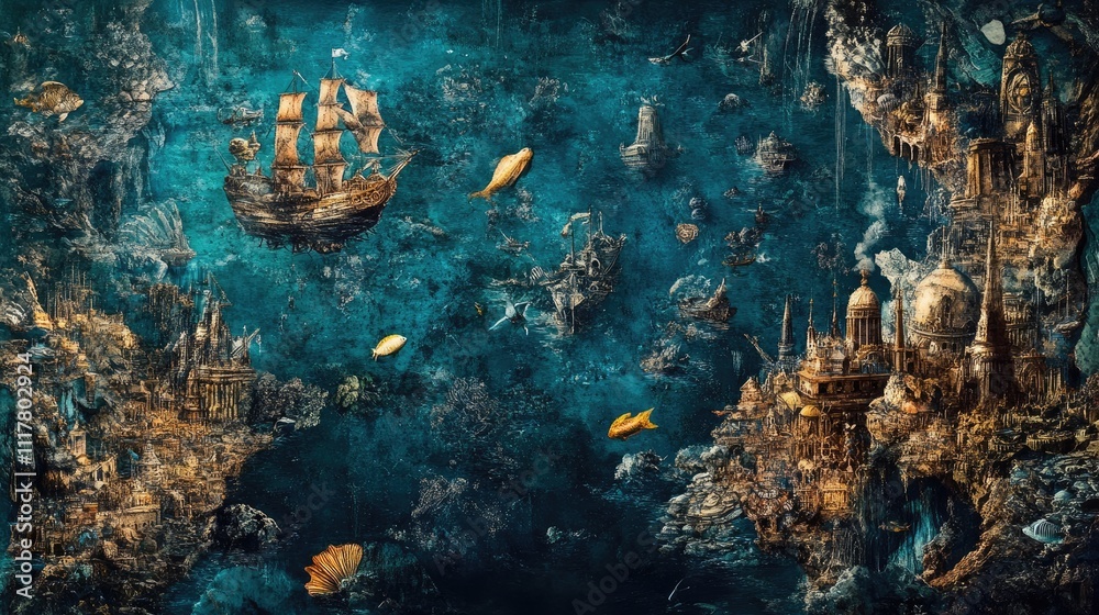Foto de A treasure map depicting an underwater city, with routes ...