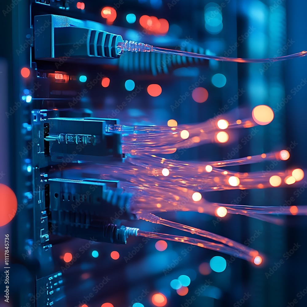 Poster Illuminated fiber optic cables connected to a server rack in a ...