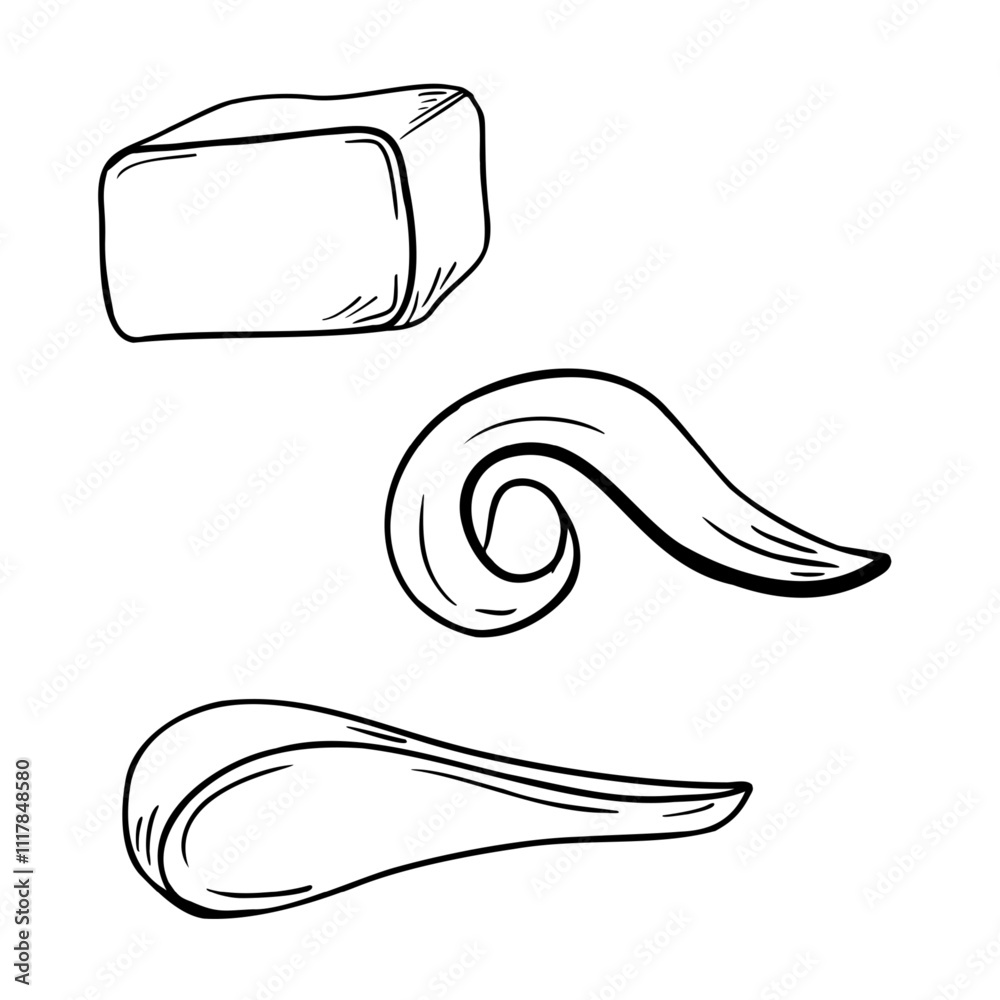 Milk butter curl and piece of butter black white vector illustration ...