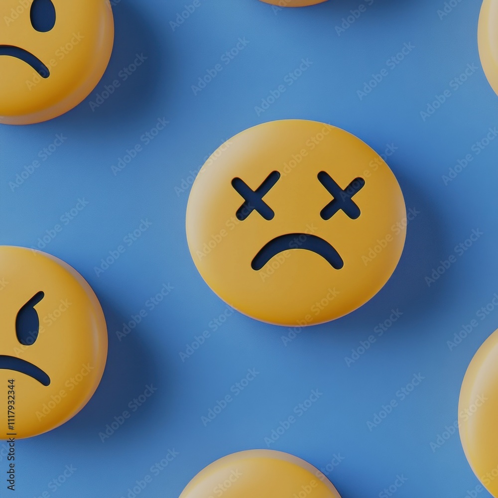 Expressing discontent sad emoji faces on blue background digital art ...