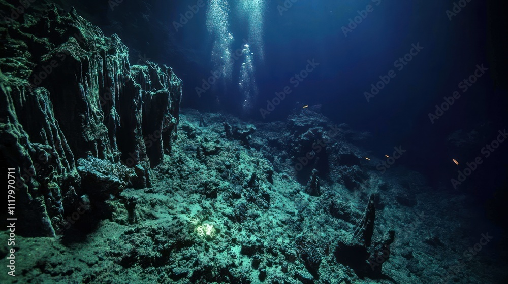 Seabed in the Mariana Trench. The image shows a wide, dark ravine with ...