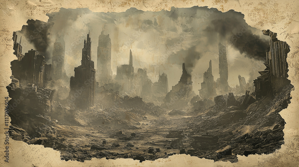 Desolate post-apocalyptic cityscape with crumbled skyscrapers, smoky ...