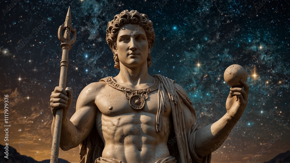 Statue of Apollo, the god of prophecy, holding a solar disk and staff ...
