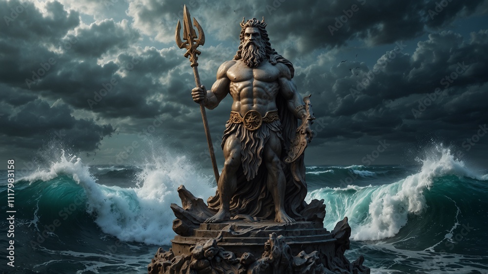 Statue of Poseidon, the god of the sea, holding a trident in both hands ...