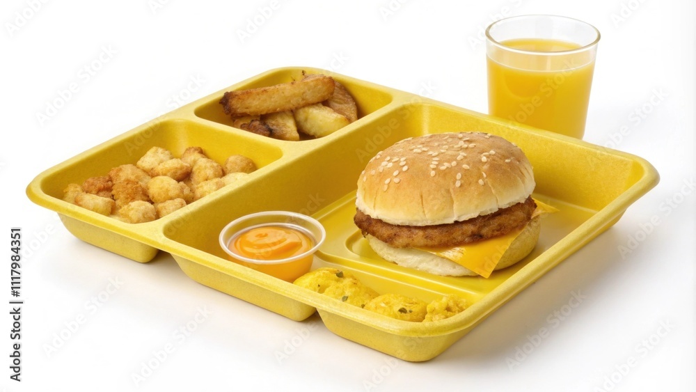 Yellow school lunch tray holding a complete meal including a burger ...