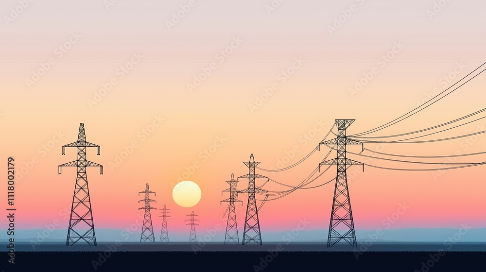 Silhouette pylons line horizon at sunset. Power lines stretch across ...