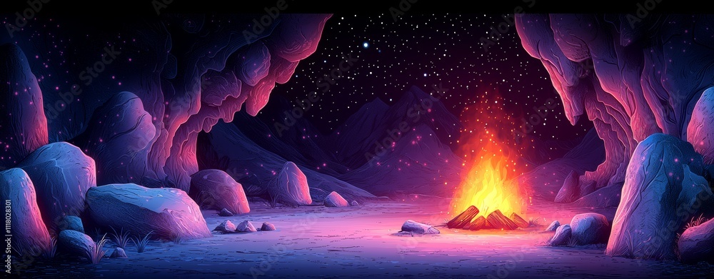 An illustrated scene of a castaway in a cave on a secluded island, with ...