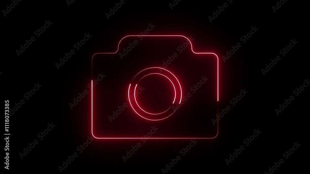 A neon camera icon features a glowing, vibrant camera outline, often in ...