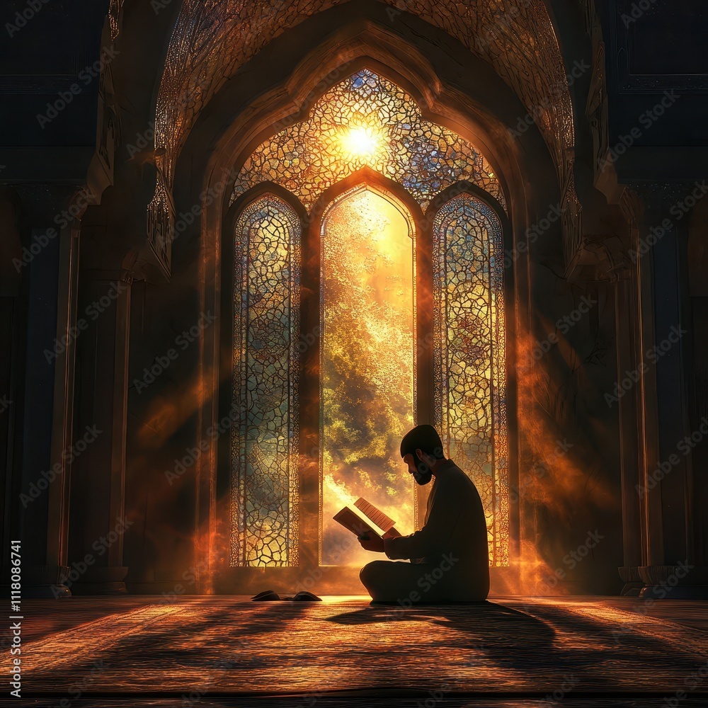 Devotion to Allah portrayed with a believer reciting Quran under a ...