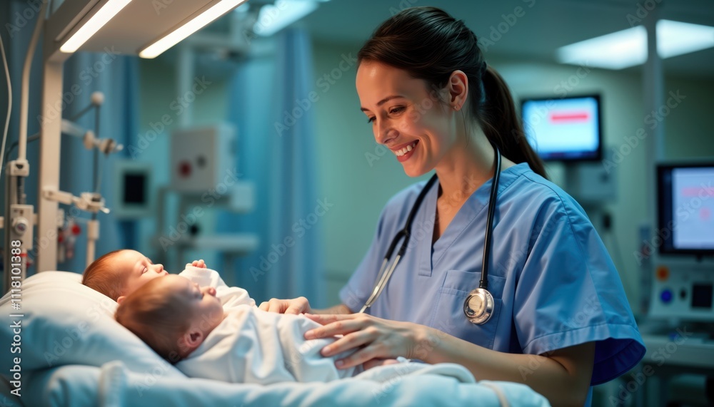Dedicated nurse attentively cares for two newborn infants in neonatal ...