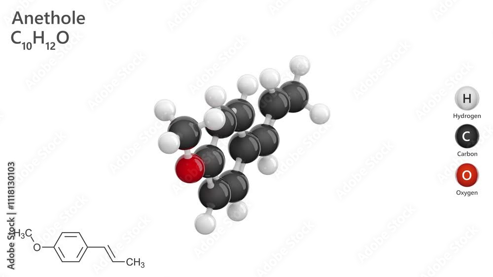 Anethole. Antioxidant. Animated 3D model of a molecule. Molecular ...