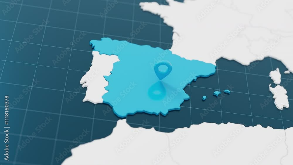 Highlight with blue of Spain 3d map with pointer pin surrounded with ...