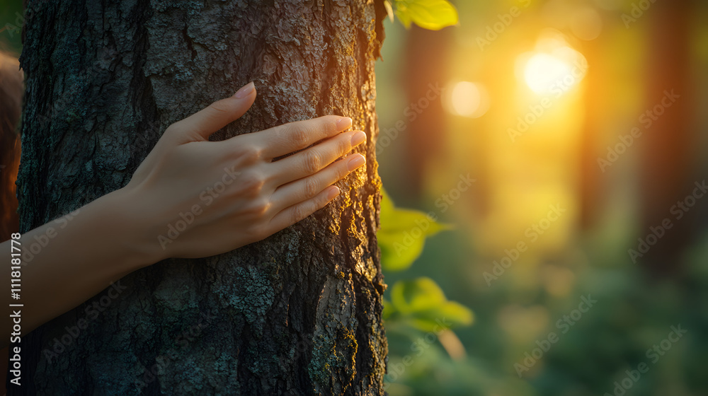 A woman embracing a tree in a park, with a close-up view highlighting ...