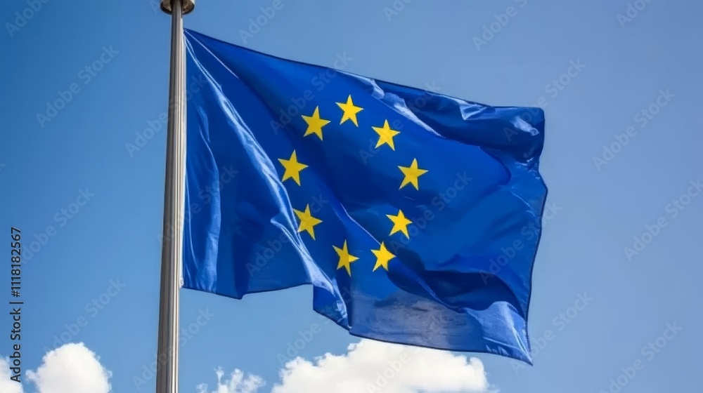 European Union Flag Waving Against Vivid Blue Sky, Symbol of Unity ...