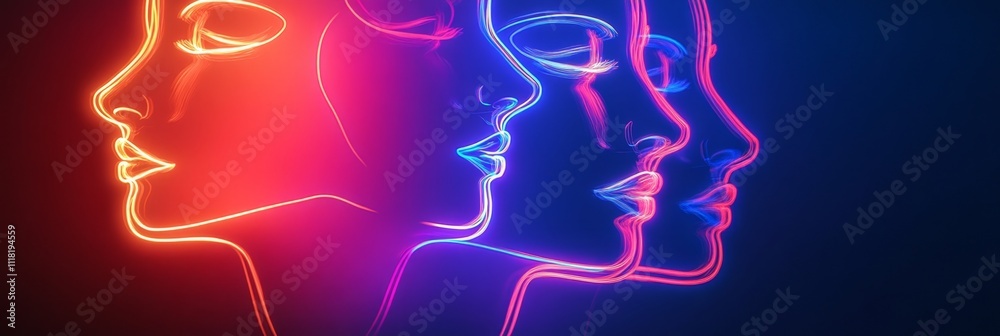 Vibrant neon profiles of female faces in red and blue artistic light ...