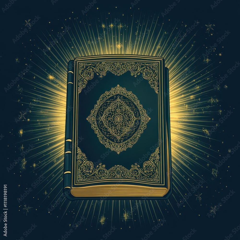 Quranic scripture and faith, radiant book with divine patterns, flat ...