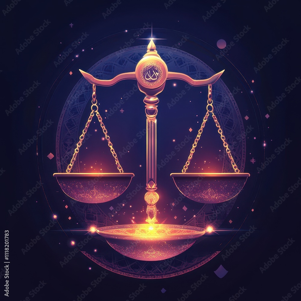 Allah justice and mercy, balanced scales with glowing light, flat ...