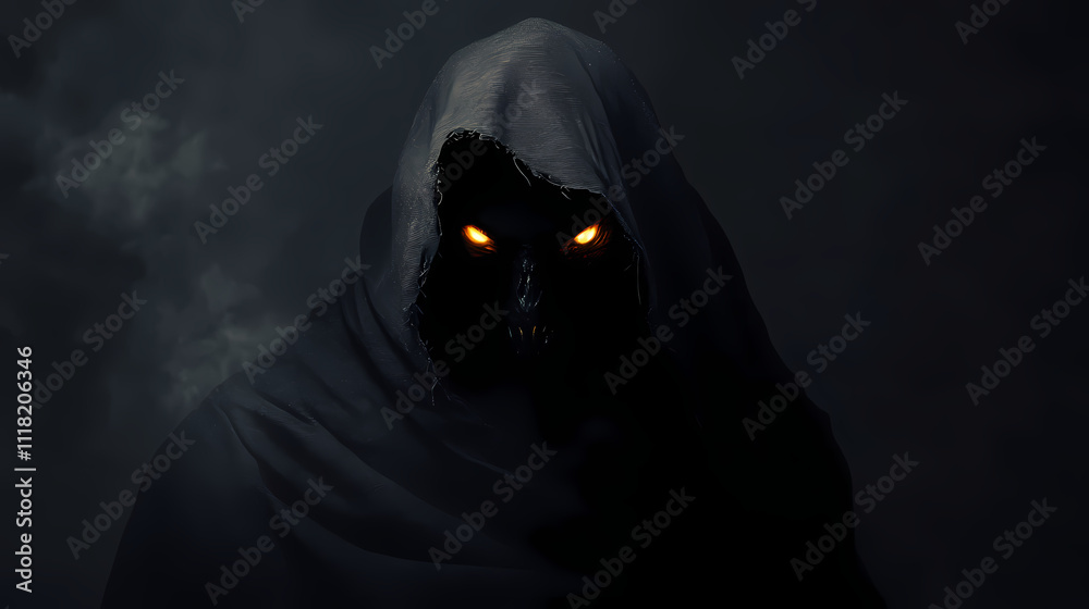 From the depths of darkness, a demonic face emerges, its glowing eyes ...