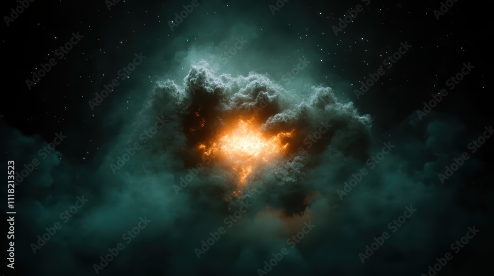 A fiery burst illuminates a dense cosmic cloud, crafting a dramatic ...