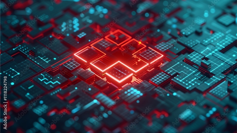 Digital Pulse: A glowing red cross pulses within a network of ...