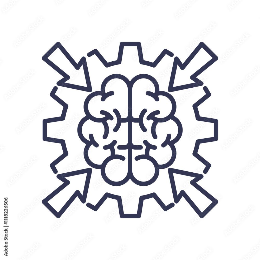 Brain inside a gear with arrows symbolizes cognitive processes and ...