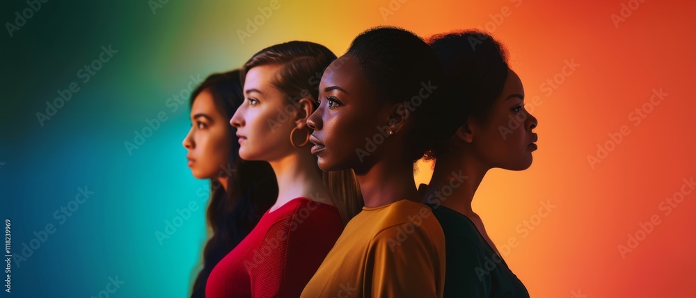 Four individuals in profile against a vibrant rainbow background embody ...