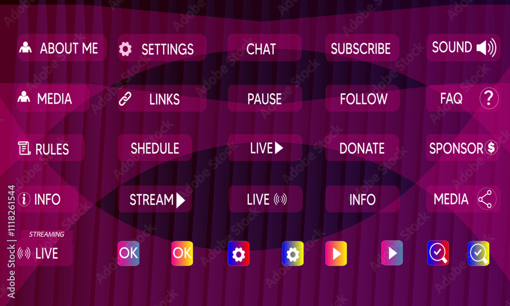 Gamers stream buttons. Game streaming interface elements, mmo game menu. Garish frames bars and ...