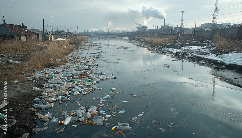 Polluted river with trash, dead fish, and industrial waste in a ...
