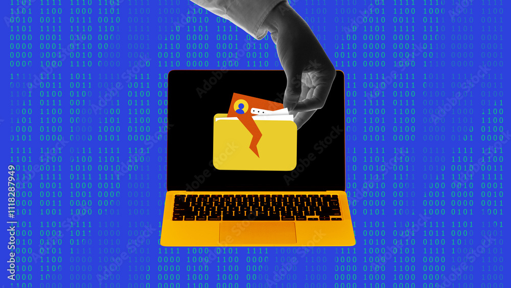 Contemporary art collage. Giant hand reaching from laptop grabbing ...