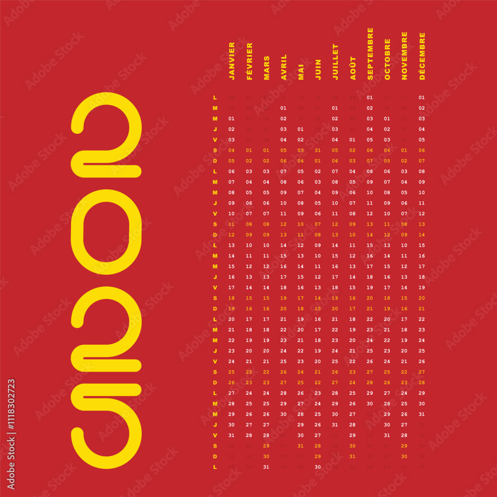 Vectoriel Calendrier 2025, Dates en Français, Format Vertical, Design ...