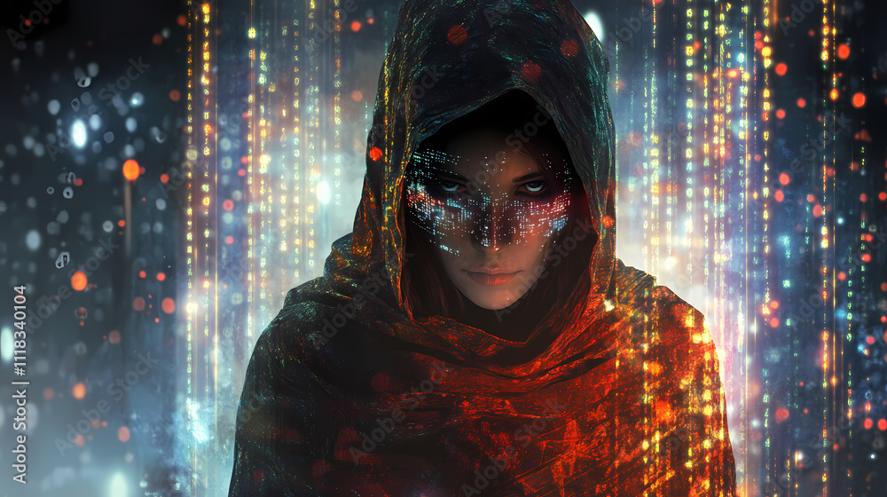 A hooded fused cyberpunk woman covered in bright holograms and flashing ...