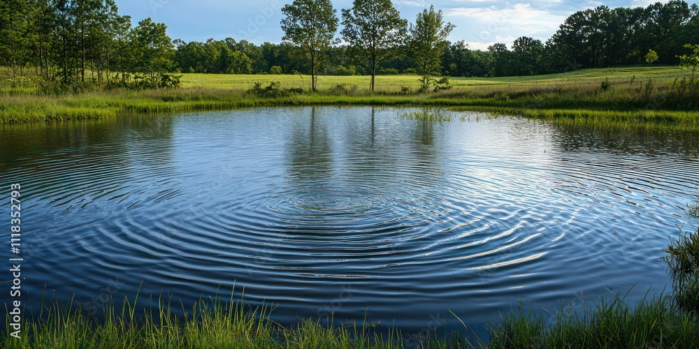 . Rainwater collecting in a stormwater retention pond, with ripples ...