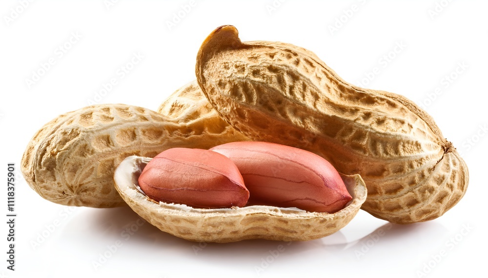 A group of whole peanuts in their shells, including one opened peanut ...