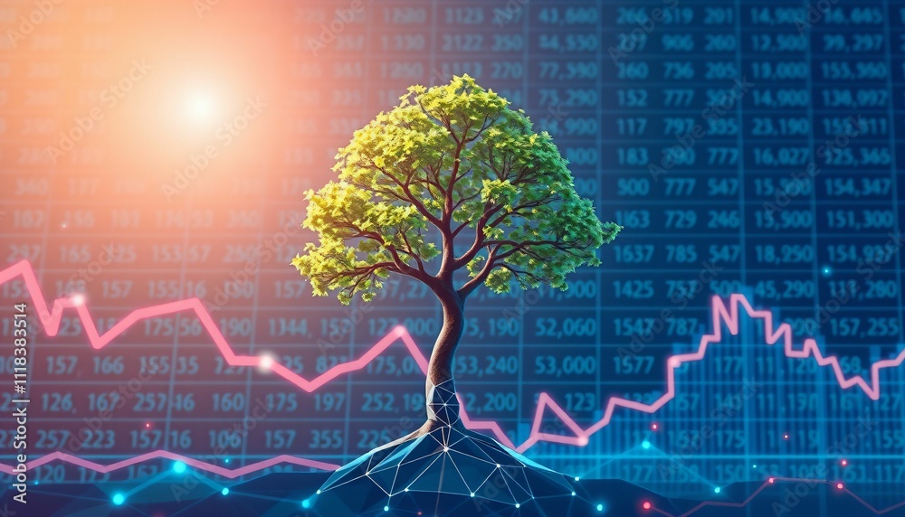 The tree are grow up on stock marke chart and graph background ...