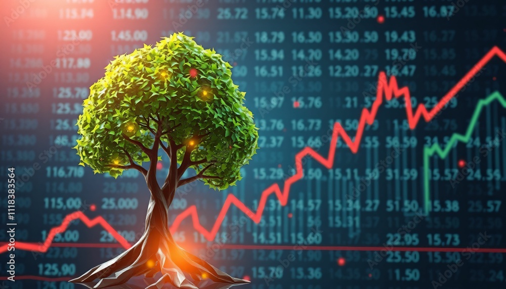 The tree are grow up on stock marke chart and graph background ...