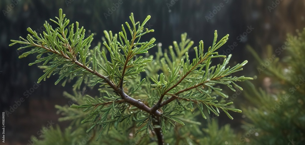 Single juniper berry glistening with dew on the tender shoot of a young ...