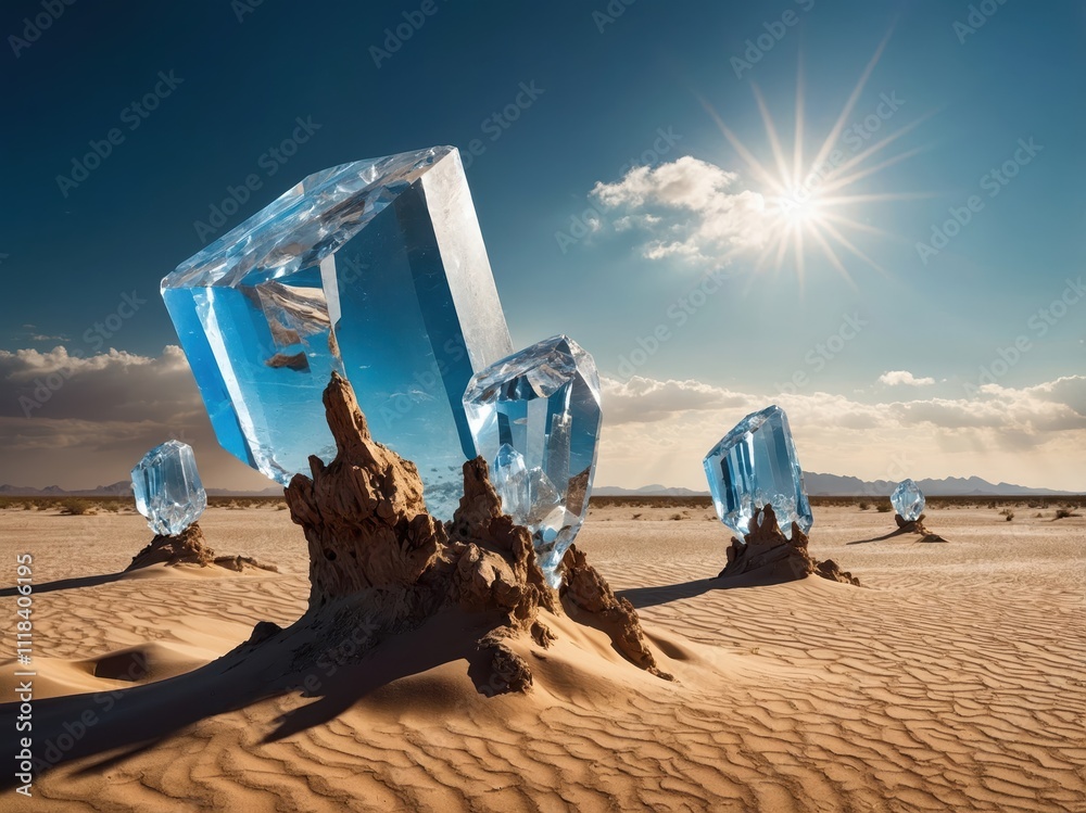 An unreal desert landscape with gigantic translucent sand dunes, bathed ...