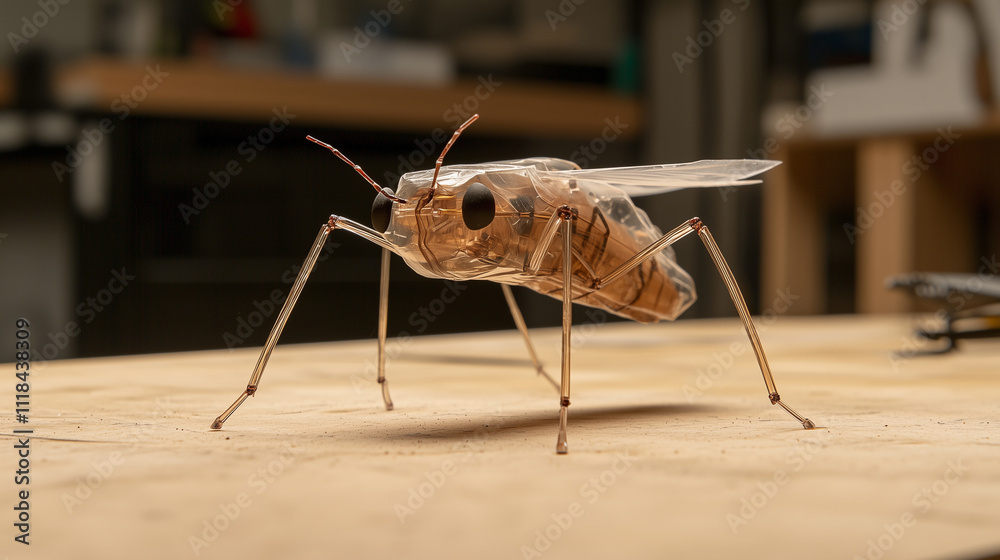 An insect-like robot prototype sits on the workbench, its six legs ...