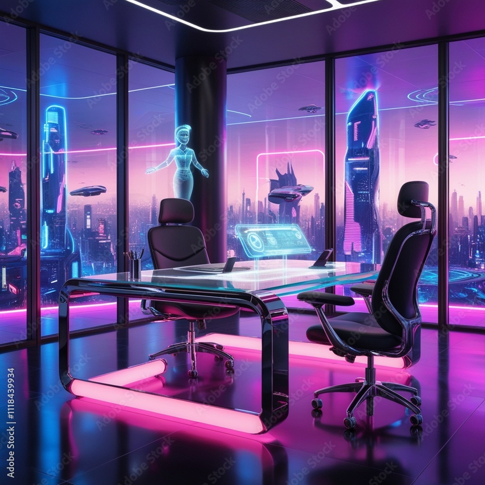 A futuristic office with sleek, ergonomic furniture in chrome and matte ...