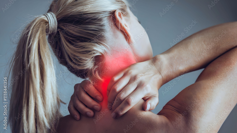 Photograph of a Blonde Woman Experiencing Severe Neck Pain with Red ...